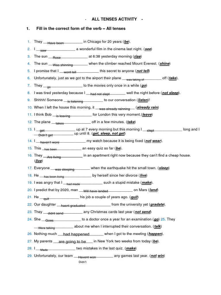 All Tenses Exercise with Answers | PDF