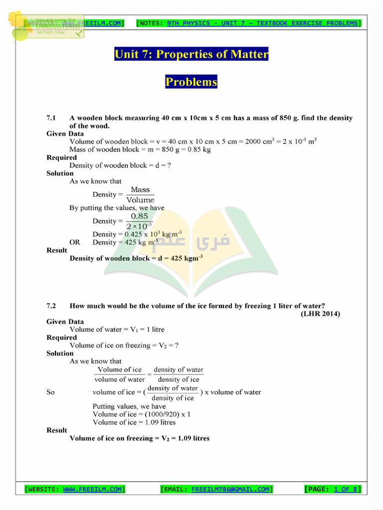 9th Phy CH 7 Numericals | PDF