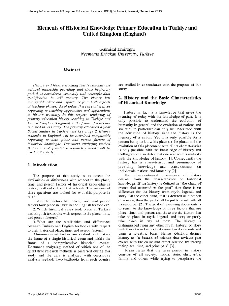 Elements of Historical Knowledge Primary Education in Türkiye and ...
