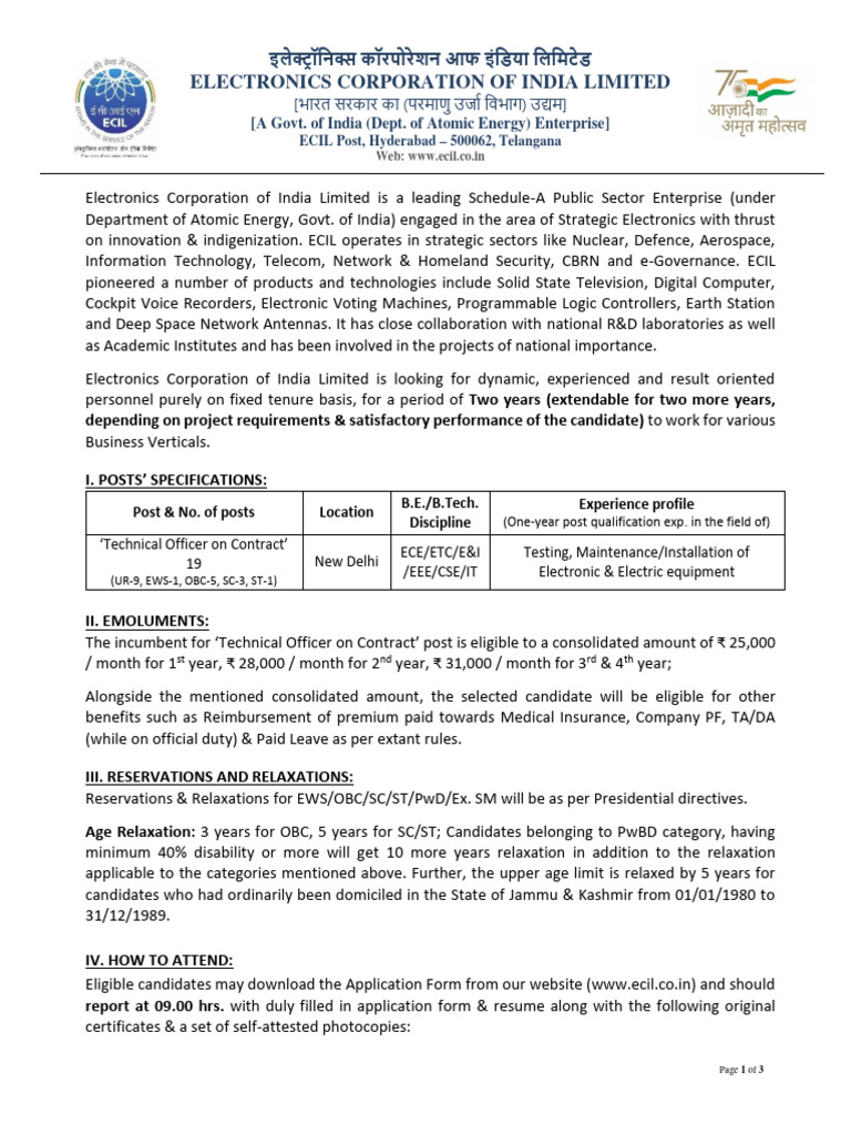 Notification Ecil Technical Officer Posts Pdf