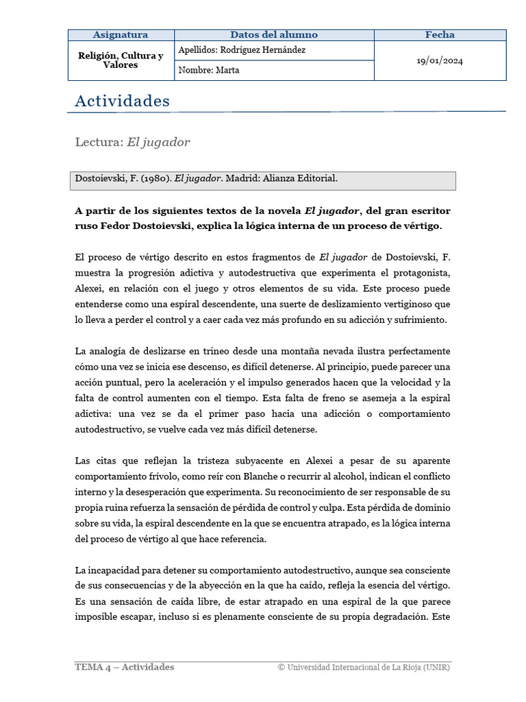 Actividades: Lectura: El Jugador | PDF