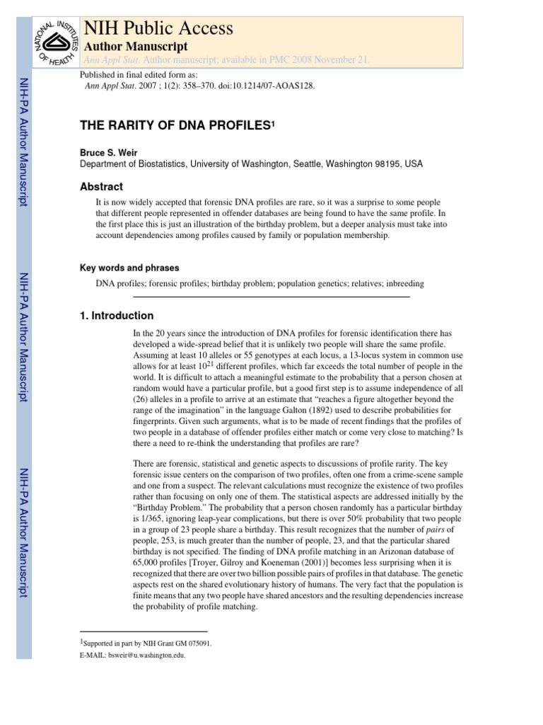 Weir (2007) - The Rarity of DNA Profiles | PDF | Allele | Zygosity