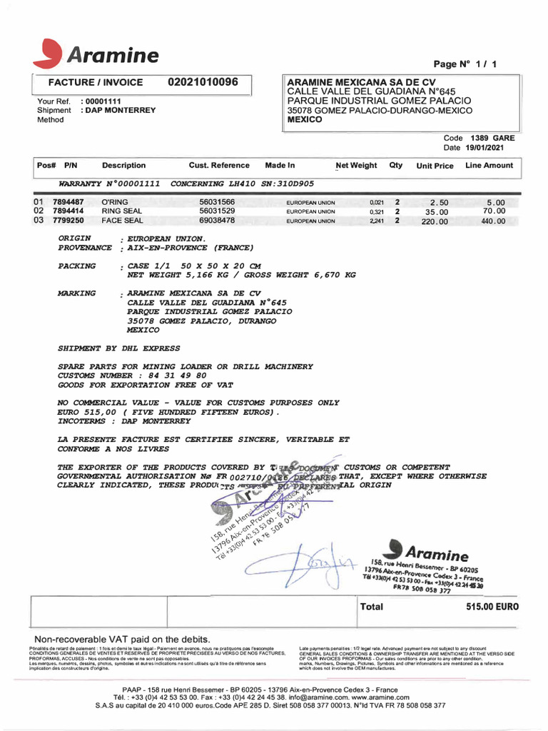 Mining Loader Parts Invoice DAP Monterrey | PDF | Trade | Payments