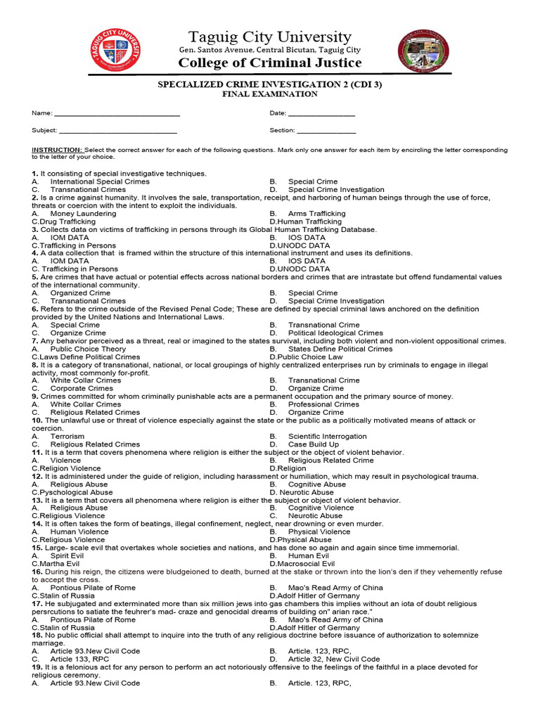 Cdi 3 Final Exam Print | PDF | Crime & Violence | Sicilian Mafia