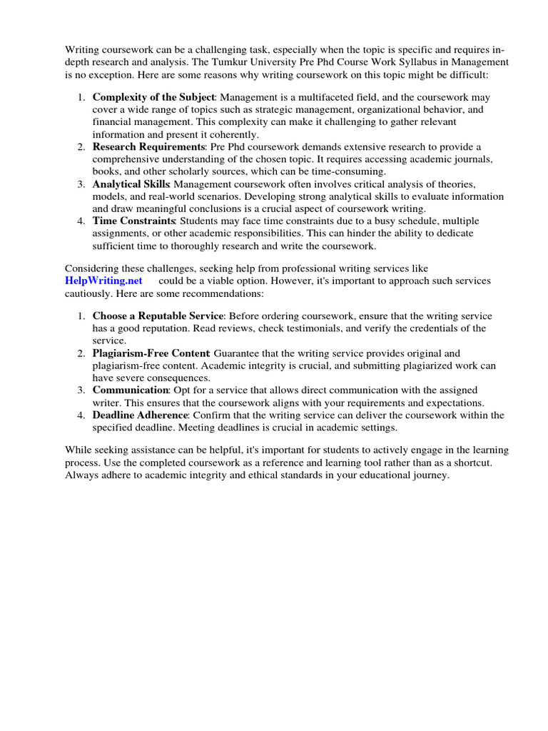 Tumkur University Pre PHD Course Work Syllabus Management | Download ...