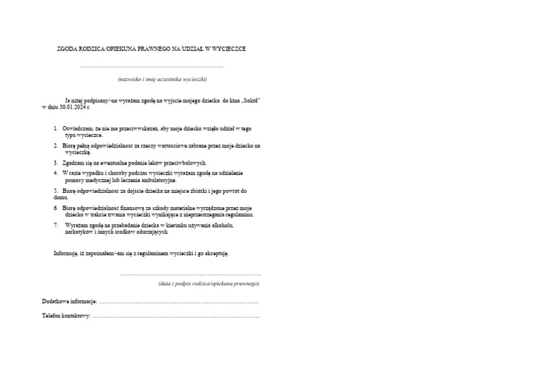 Zgoda Rodziców Opiekunów Prawnych Kino 2024 | PDF