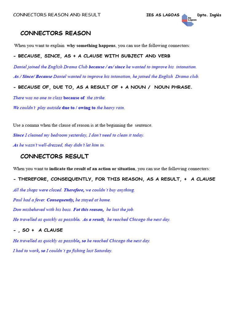 Explanation and Exercises Connectors of Cause and Result | PDF | Clause ...