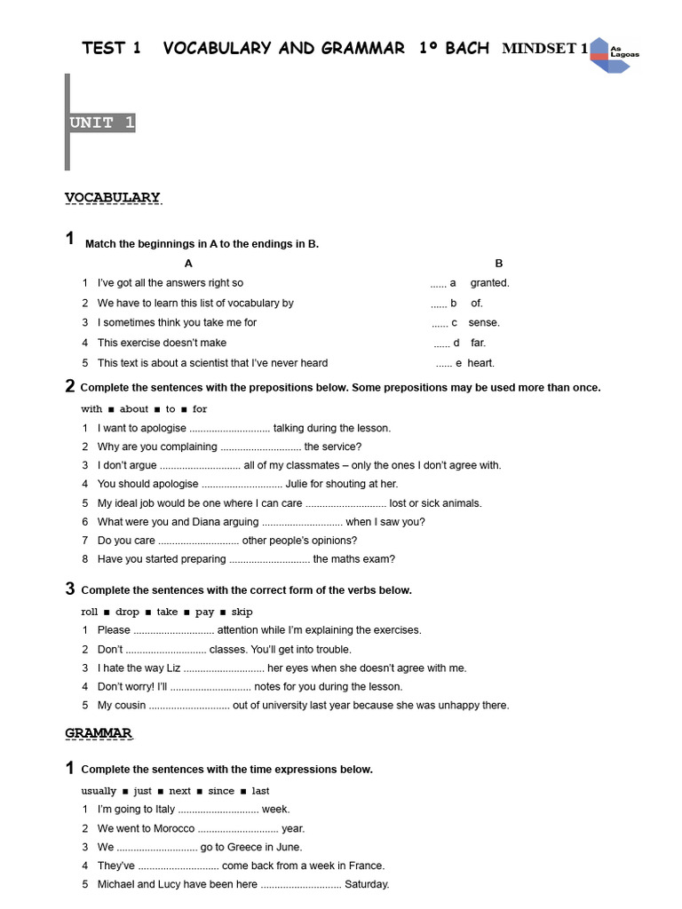 MINDSET 1 EXERCISES TEST 1 Pendientes 1º Bach VOCABULARY AND GRAMMAR ...