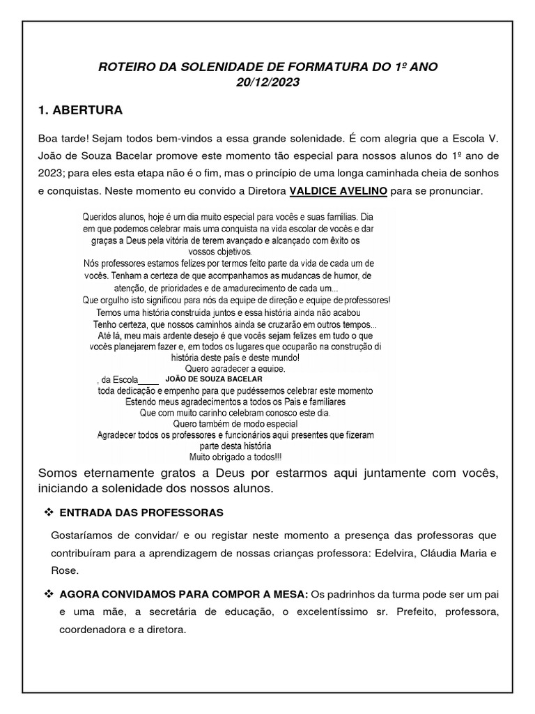 Roteiro Da Solenidade de Formatura Do 1º Ano 2023 | PDF | Amor | Aprendizado