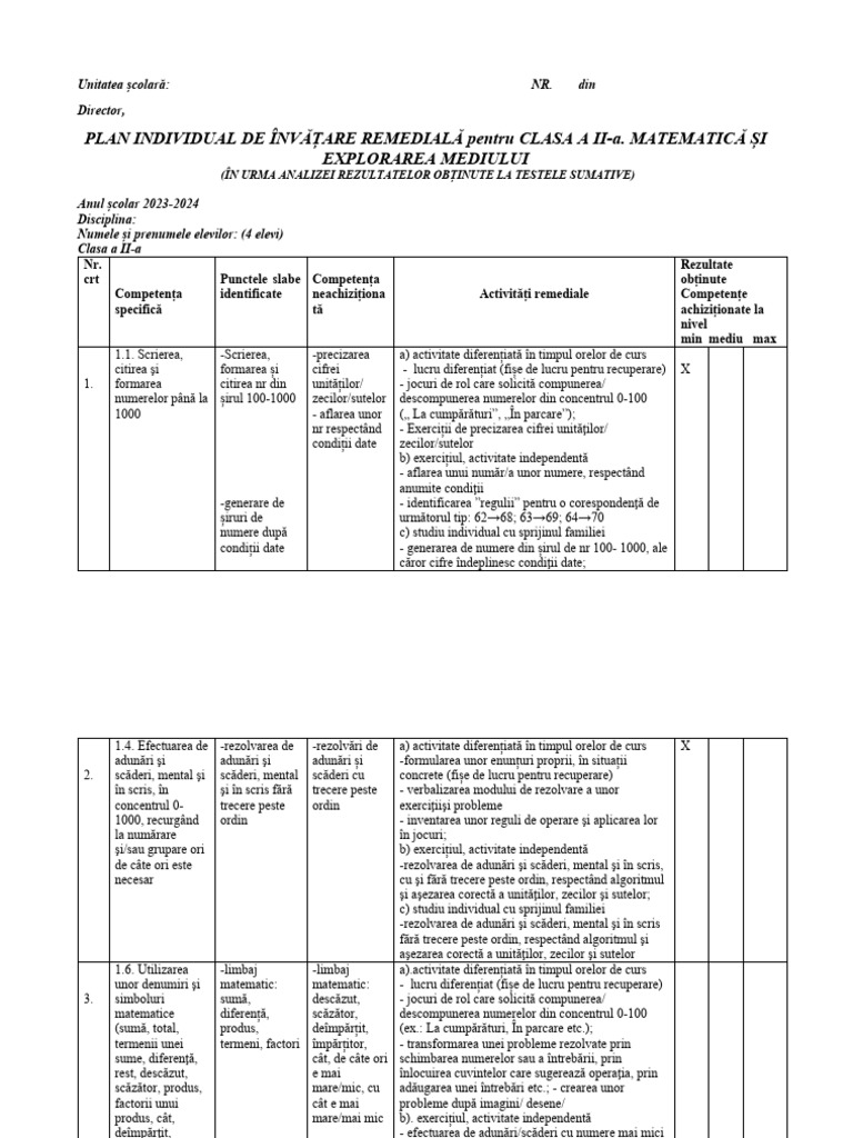 Model Plan Individual de Invatare Remediala Pentru Clasa A Iia. Matematica Si Explorarea ...