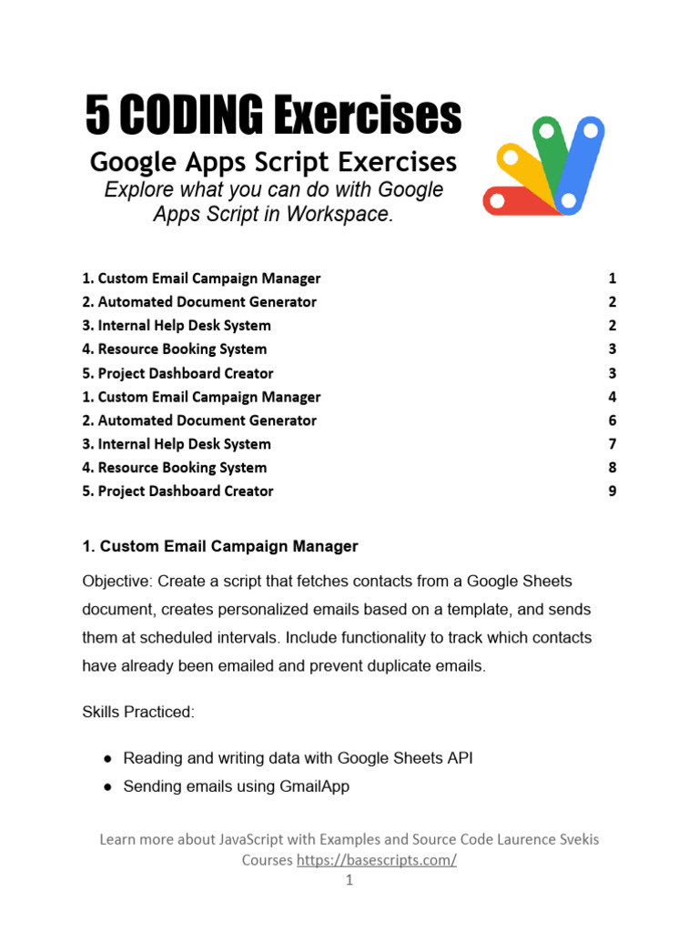 5 Google Apps Script Code Exercises | Download Free PDF | Scripting Language | Software Development