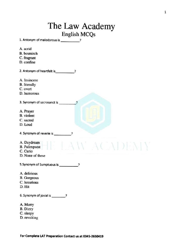 English Mcqs 3 The Law Academy | PDF | Linguistics