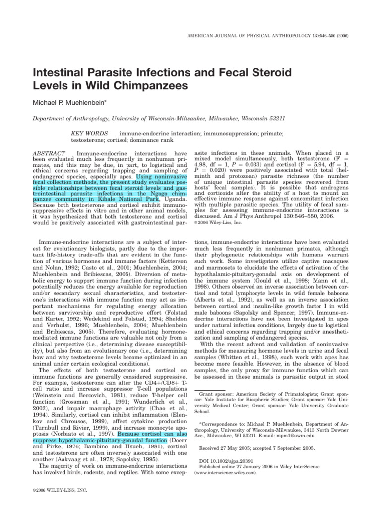Intestinal Parasite Infections and Fecal Steroid Levels in Wild ...