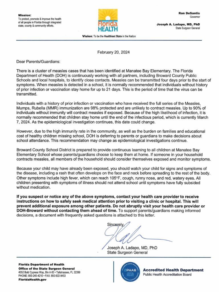 Florida Surgeon General Letter On Measles Outbreak | Download Free PDF ...
