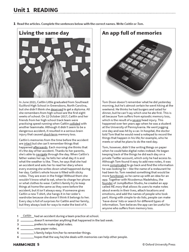 Harmonize 5 TRM Reading Unit 1 Worksheets | PDF