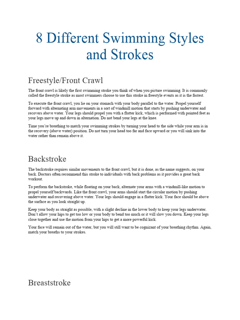 8 Different Swimming Styles and Strokes | Download Free PDF | Swimming ...