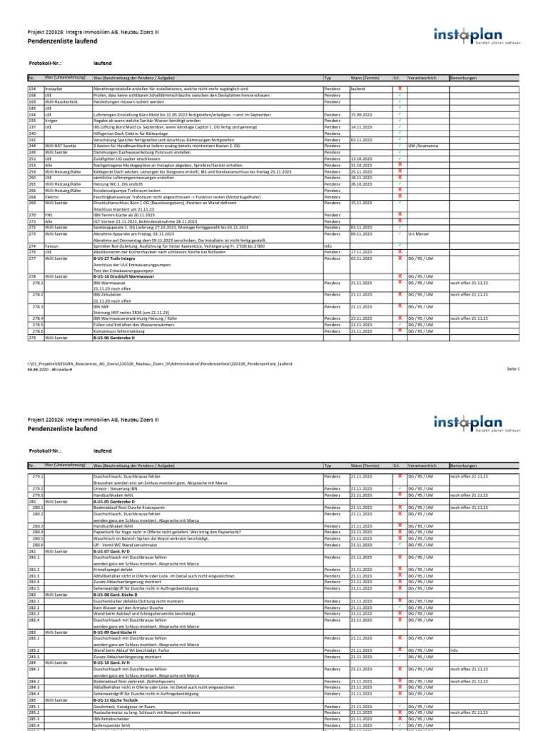Pendenzenliste Laufend: Projekt 220326: Integra Immobilien AG, Neubau ...