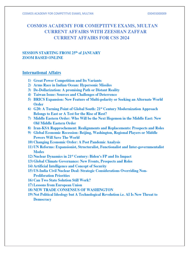 Current Affairs CSS 2024-1 | PDF | International Relations | Global Politics