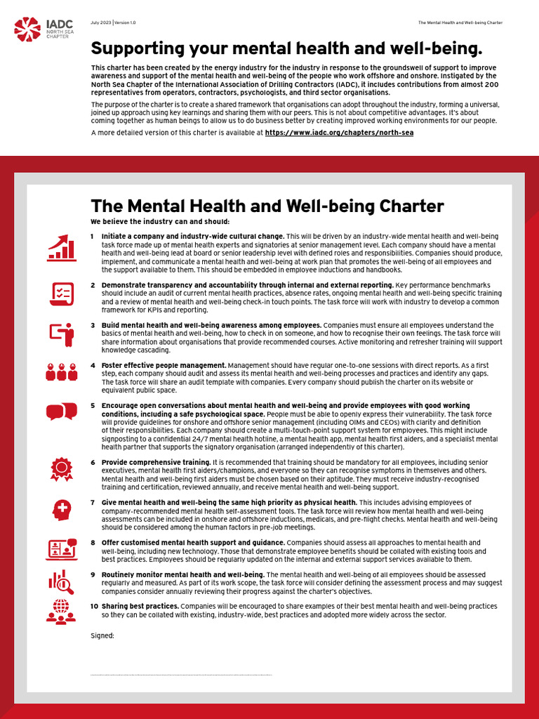 IADC Mental Health & Wellbeing Charter Jul0423 | PDF | Mental Health ...