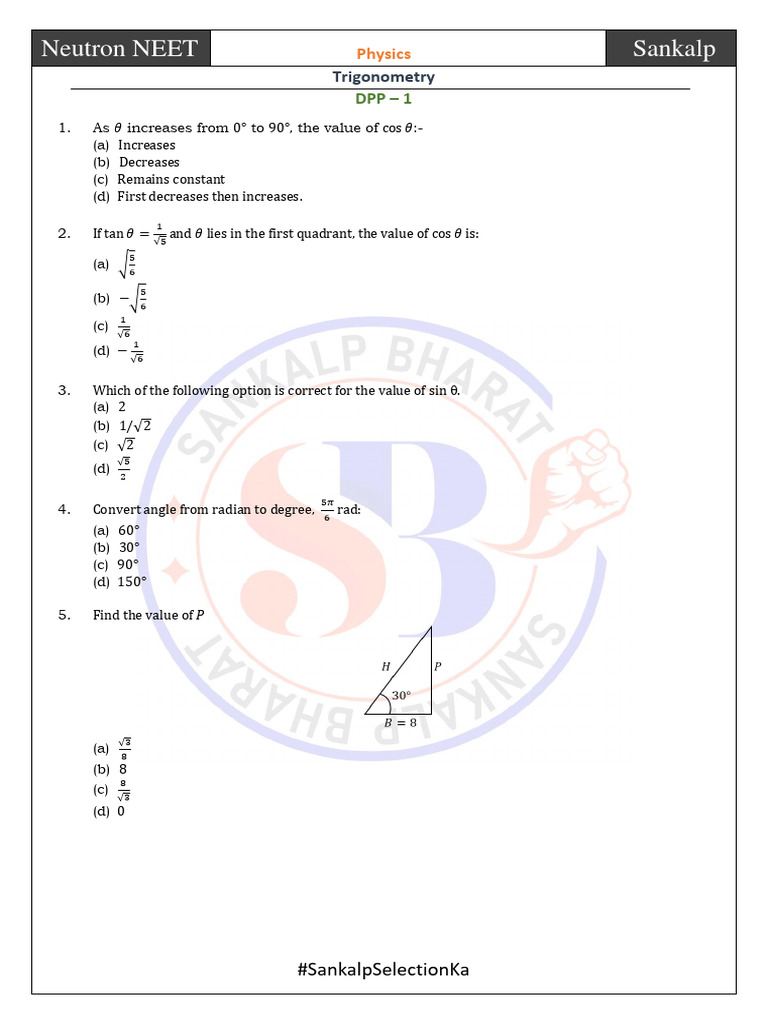 Basic Maths NEET 01 Trigonometry | PDF | Complex Analysis | Elementary ...