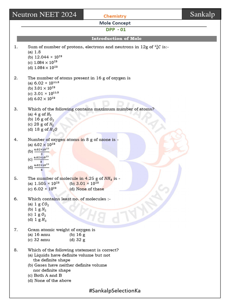 DPP - 01 Mole Concept | PDF | Atoms | Materials