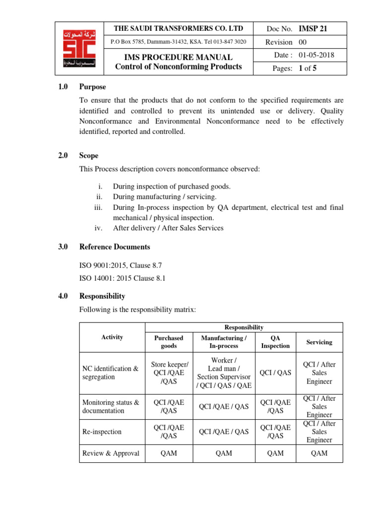 IMSP-21 Control of Nonconforming Products-QA | PDF | Quality Assurance ...