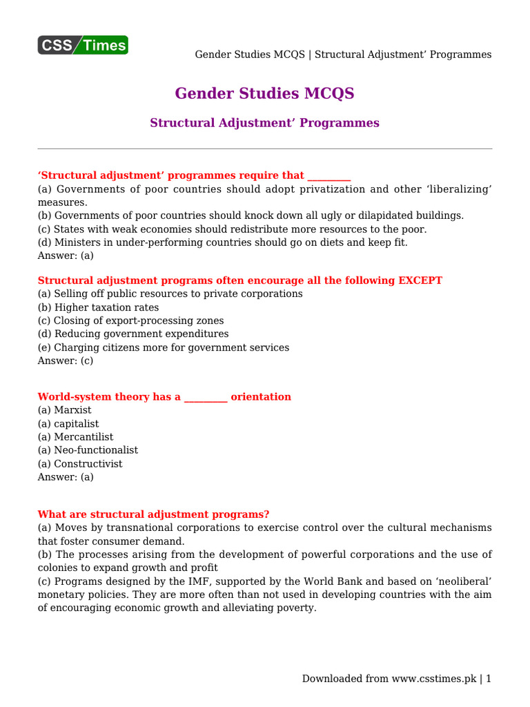 Gender Studies MCQS - Structural Adjustment’ Programmes | PDF | Structural Adjustment | Gender ...