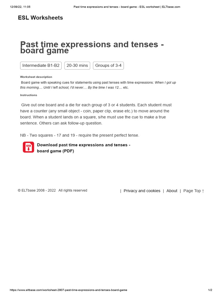 Past Time Expressions and Tenses - Board Game - ESL Worksheet | PDF