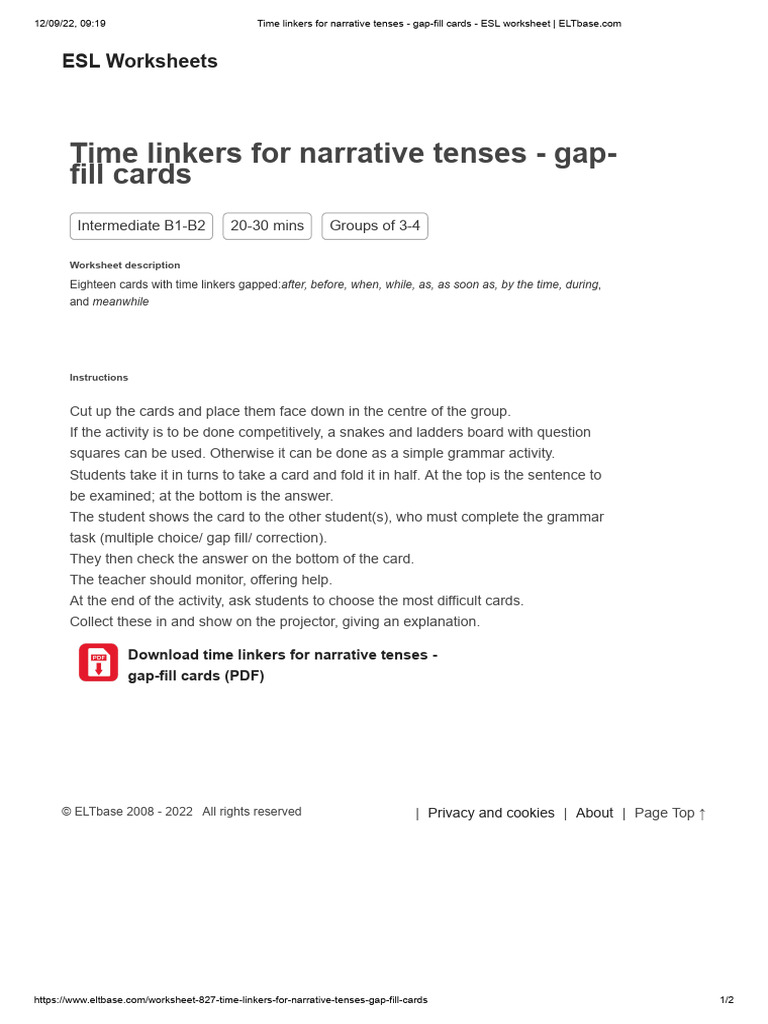 Time Linkers For Narrative Tenses - Gap-Fill Cards - ESL Worksheet ...