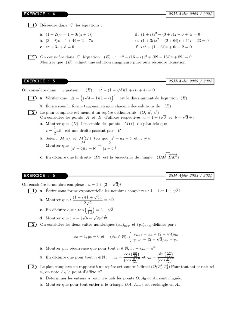 Complex 2BAC SM. | PDF | Nombre complexe | Objets mathématiques