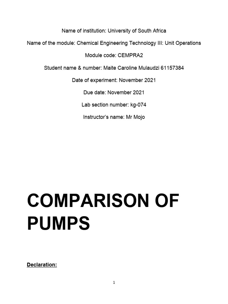 Comparision of Pumps | PDF | Pump | Fluid Dynamics