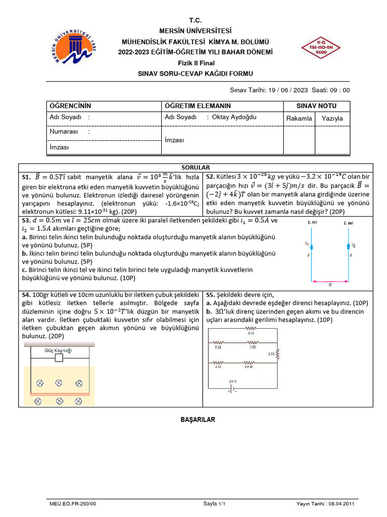 KimyaM Fizik II Final | PDF