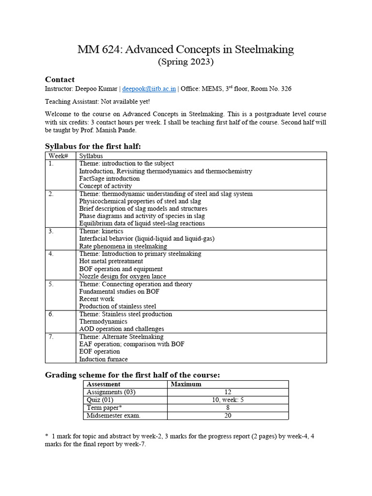 MM 624-Syllabus | PDF | Steelmaking | Chemistry