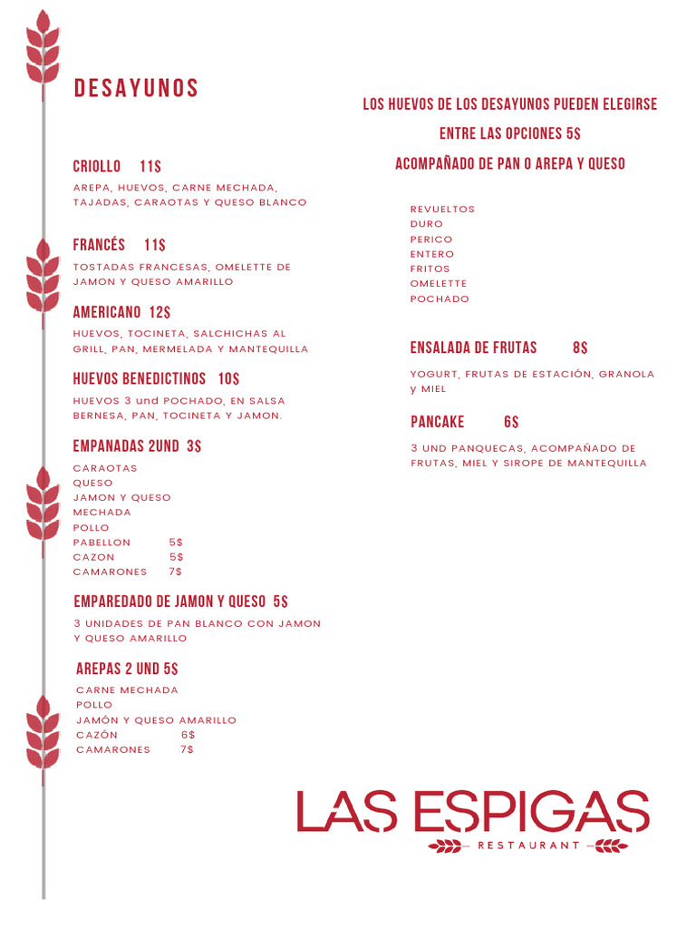 Menú Las Espigas | PDF | ensalada | Hamburguesas