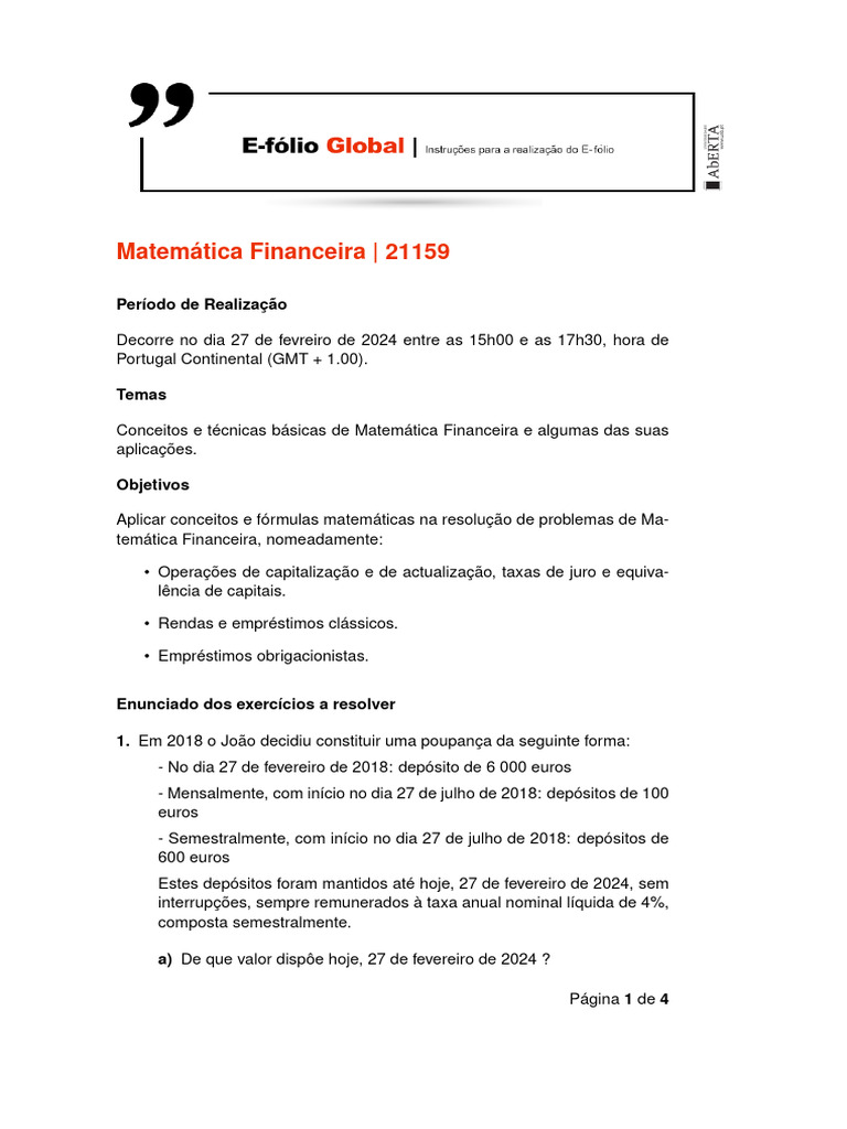 Efolioglobal Normal MatFin 2023 2024 Enunciadov1 | PDF | Juros | Economia de negócios