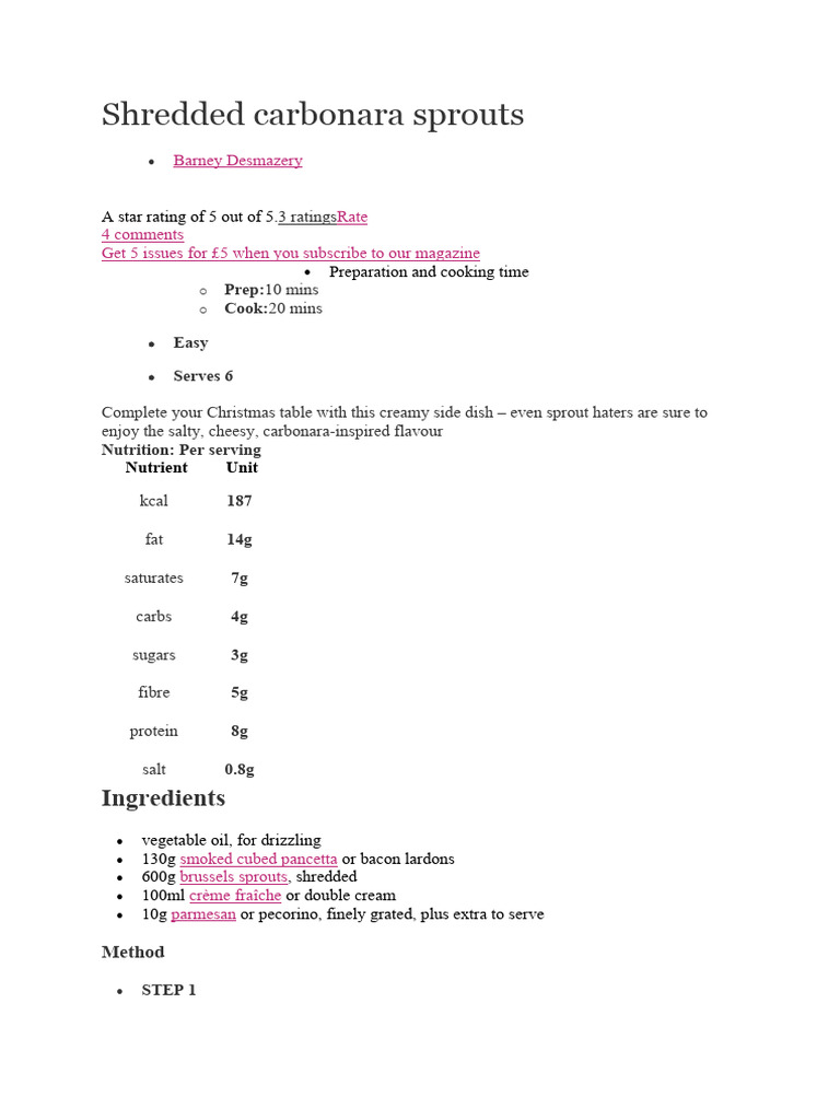 Shredded Carbonara Sprouts | PDF | Cream | Food And Drink