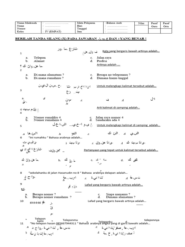 Soal Latihan UTS B Arab Kelas 4 SDIT MI | PDF