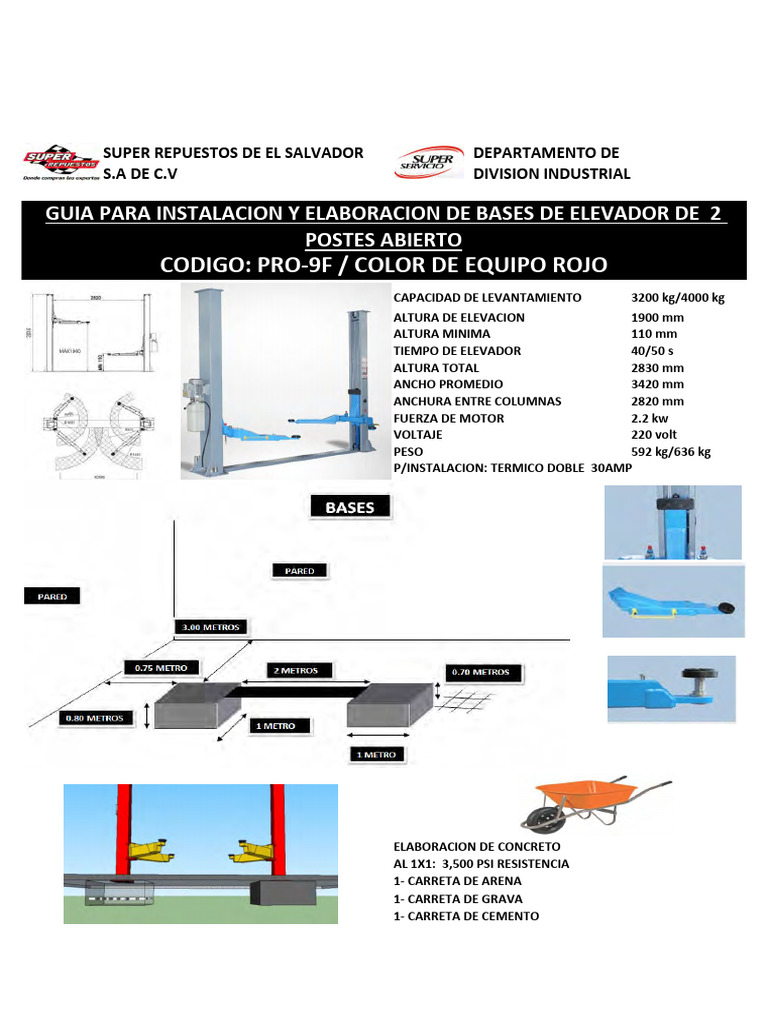 Guia Instalacion y Elaboracion de Bases de Elevador 2 Postes Abierto | PDF