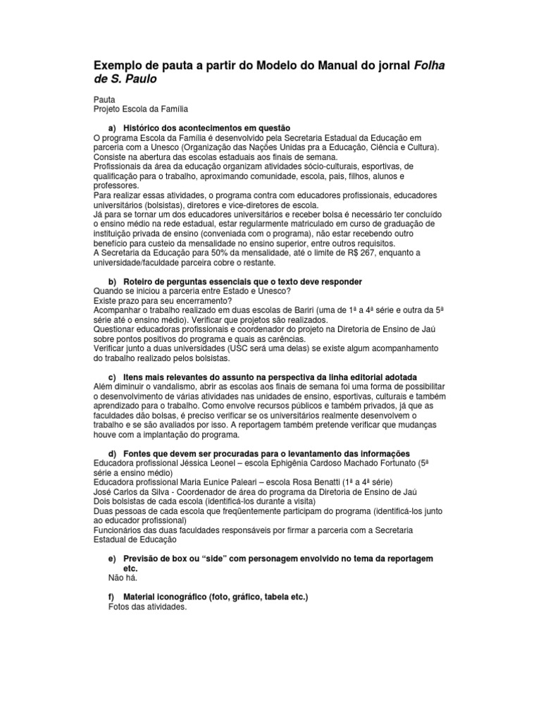 Exemplo de Pauta para Reportagem de Jornal Ou Revista | PDF | Escolas ...