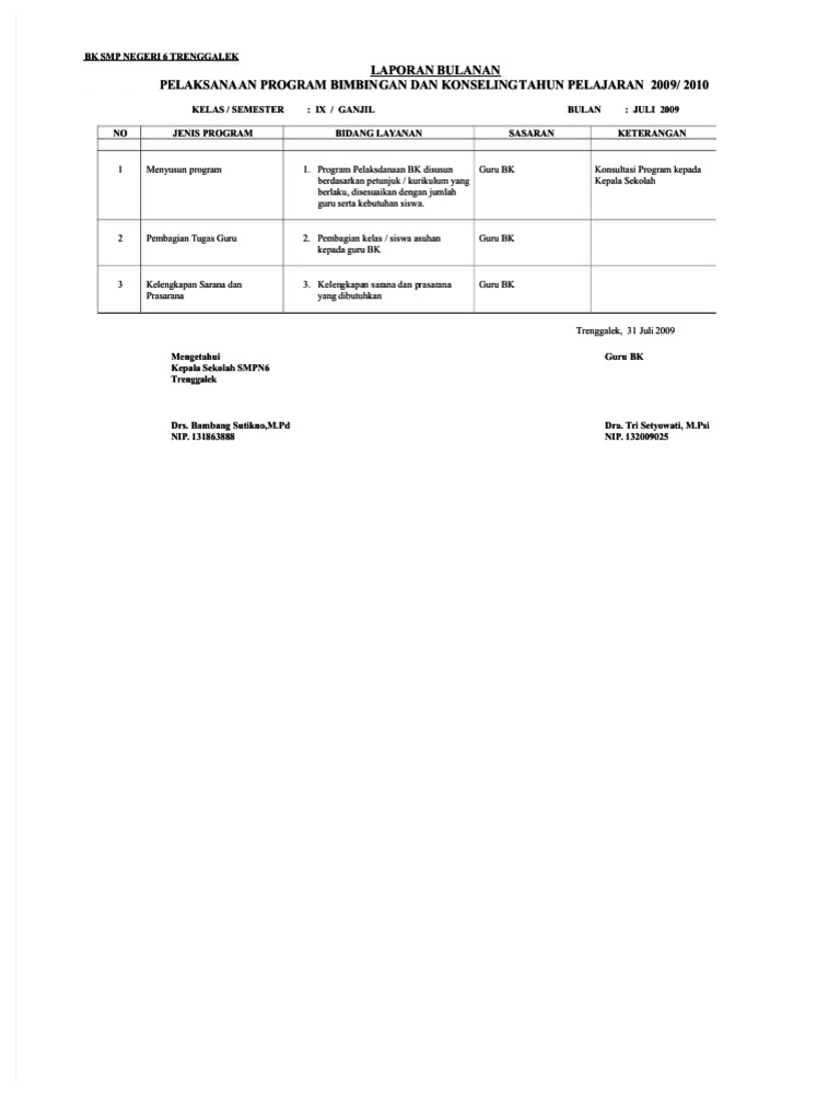 PDF Laporan Pelaksanaan BK Bulanan Dan Semesteran | PDF