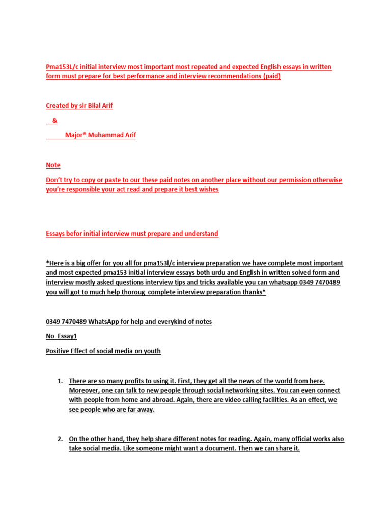 Pma 153Lc Initial Interview English Essays in Written Form | PDF ...