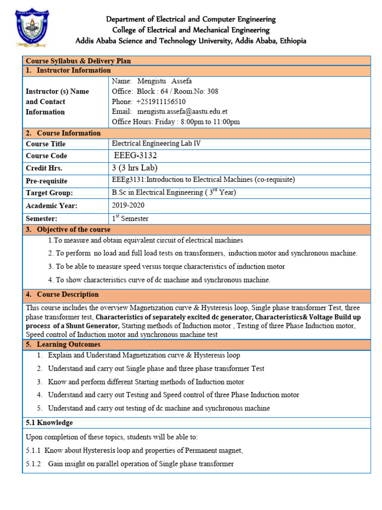 Electrical Eng. Lab IV Syllabus | PDF | Electric Motor | Transformer