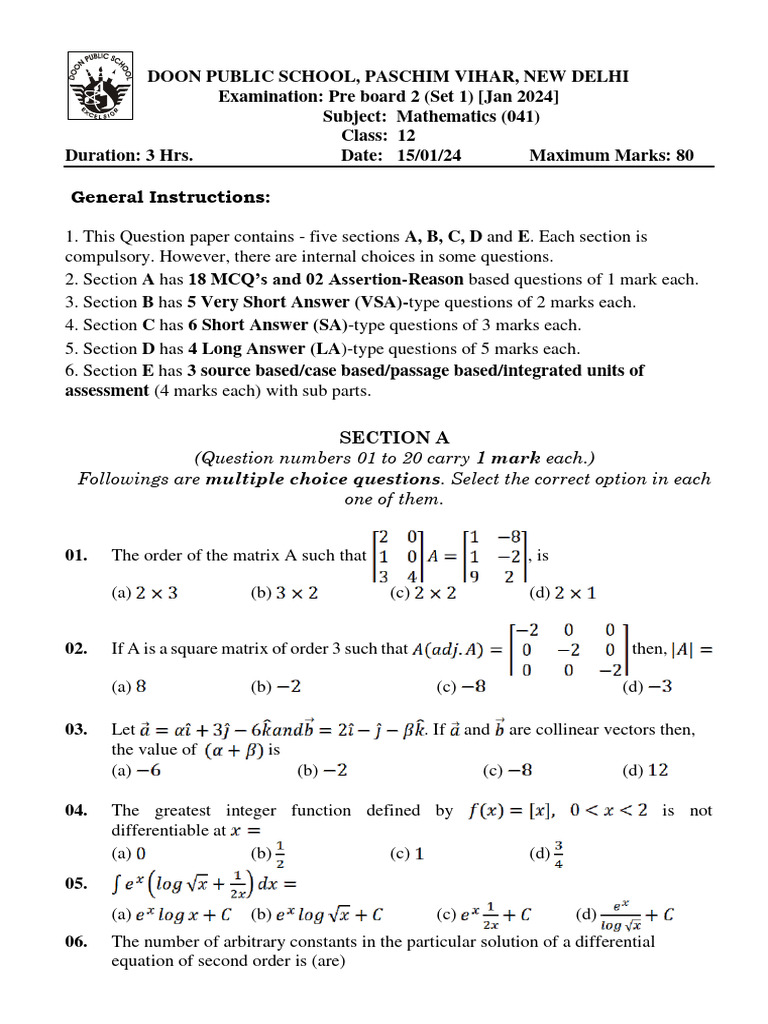 Pre Board-2 Set1 Maths-1 | PDF
