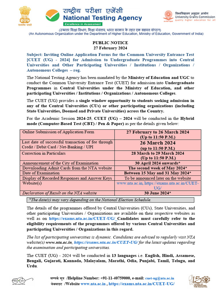 Public Notice For Cuet Ug 2024 | PDF | University And College Admission ...