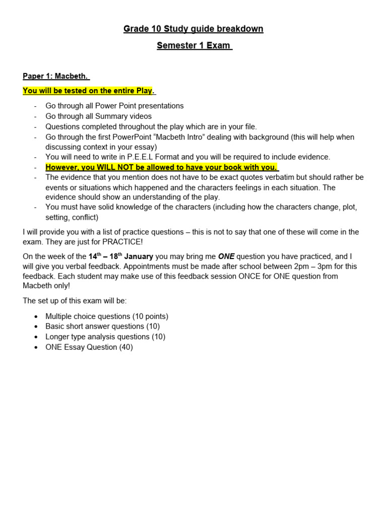 Grade 10 Study Guide Breakdown | PDF | Essays | Macbeth