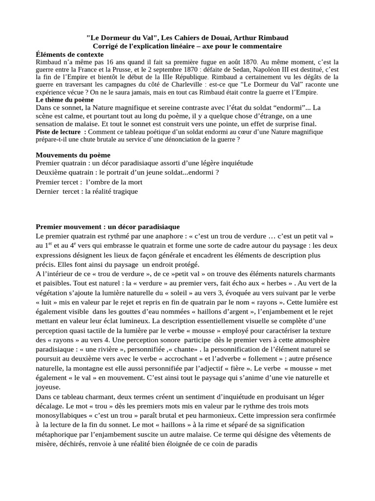 Analyse du Dormeur du Val de Rimbaud | PDF | Poésie | Arthur Rimbaud