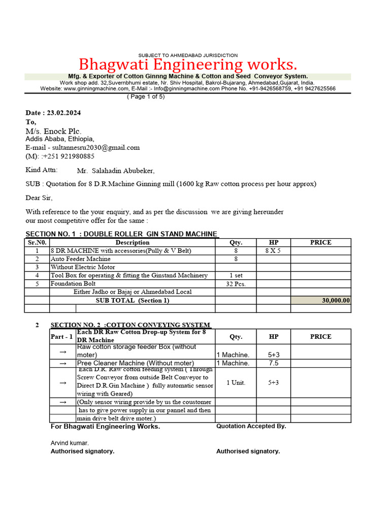 Cotton Ginning Machine Plant Quotation Ethopia 23 02 2024 | PDF ...