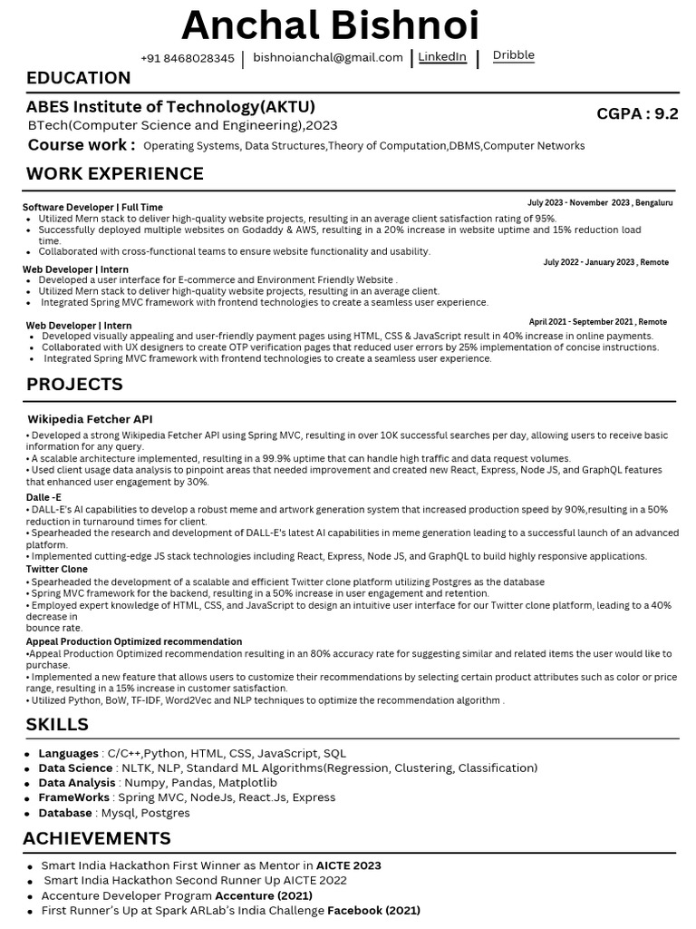 Anchal Bishnoi - CV PDF | Download Free PDF | Spring Framework | Model–View–Controller