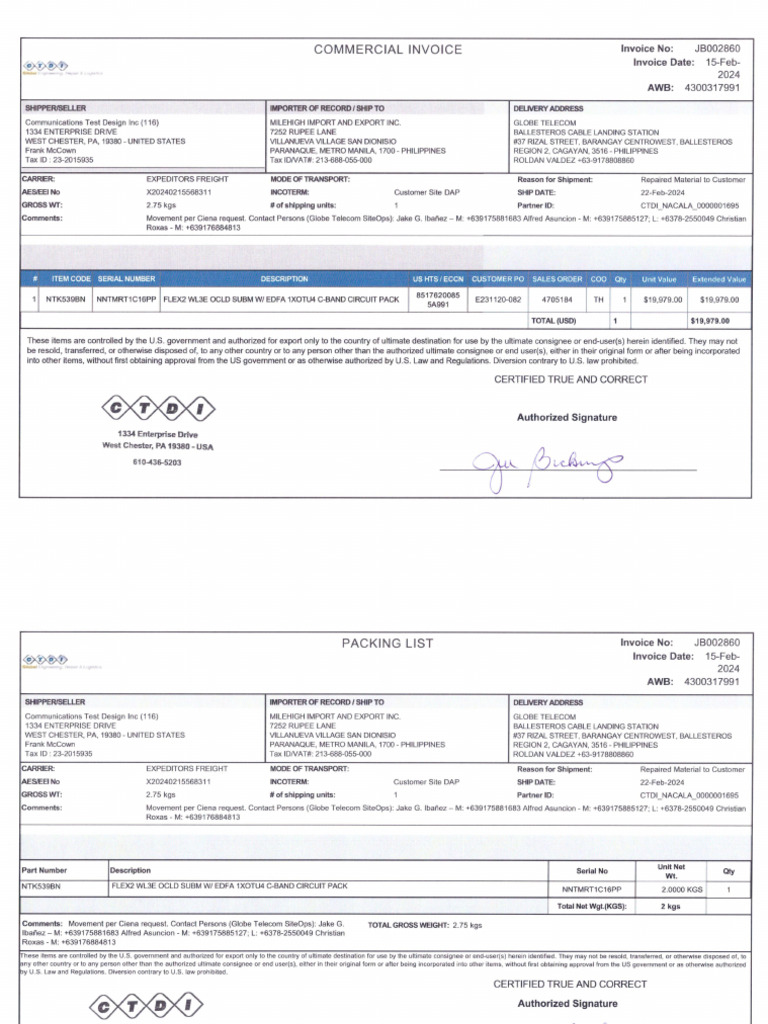 Invoice JB002860 CI and PL Signed and Stamped | PDF