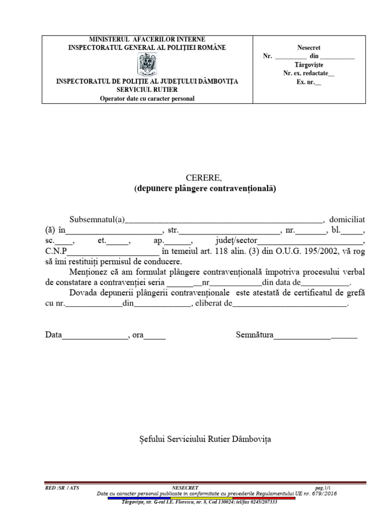 Cerere Restituire Permis de Conducere La Depunerea Plangerii ...